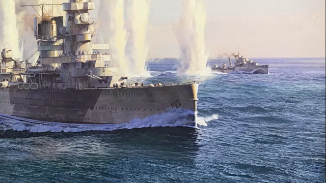 Schilderij Slag in de Javazee (1942) door Maarten Platje